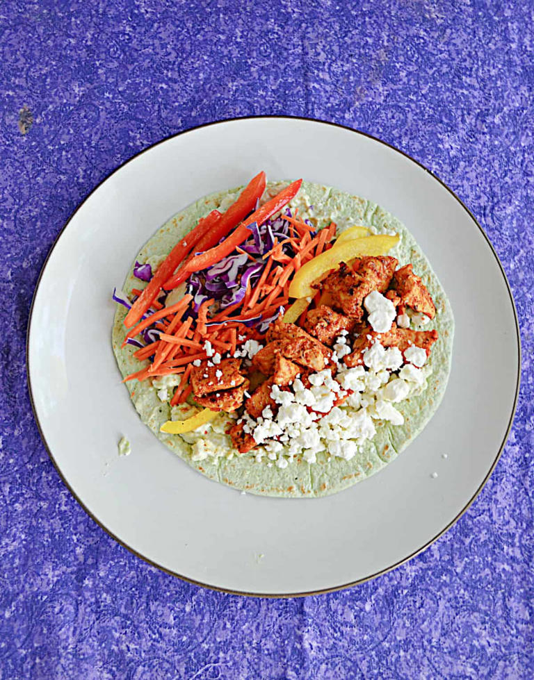 Rainbow chicken wraps with creamy avocado dressing