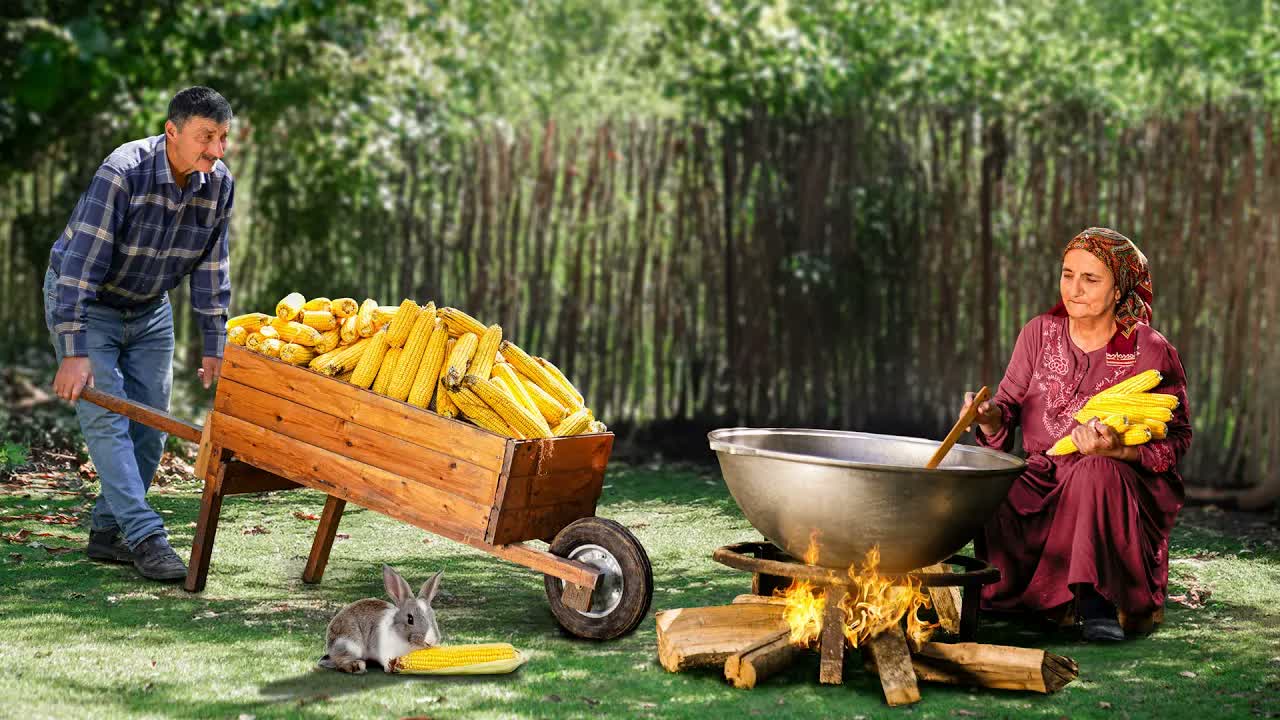 Harvesting corn the traditional way and cooking outdoors