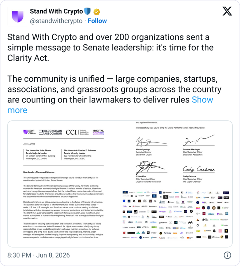 Over 200 crypto firms push Senate to pass CLARITY Act