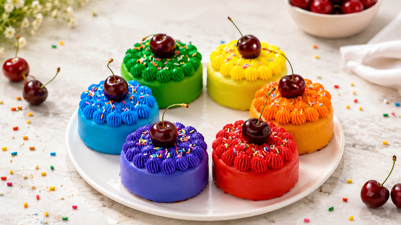 Rainbow mini cakes with cherry topping