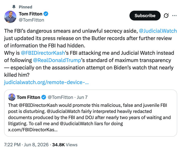 Judicial Watch's Tom Fitton feuding with FBI and Kash Patel over Butler ...