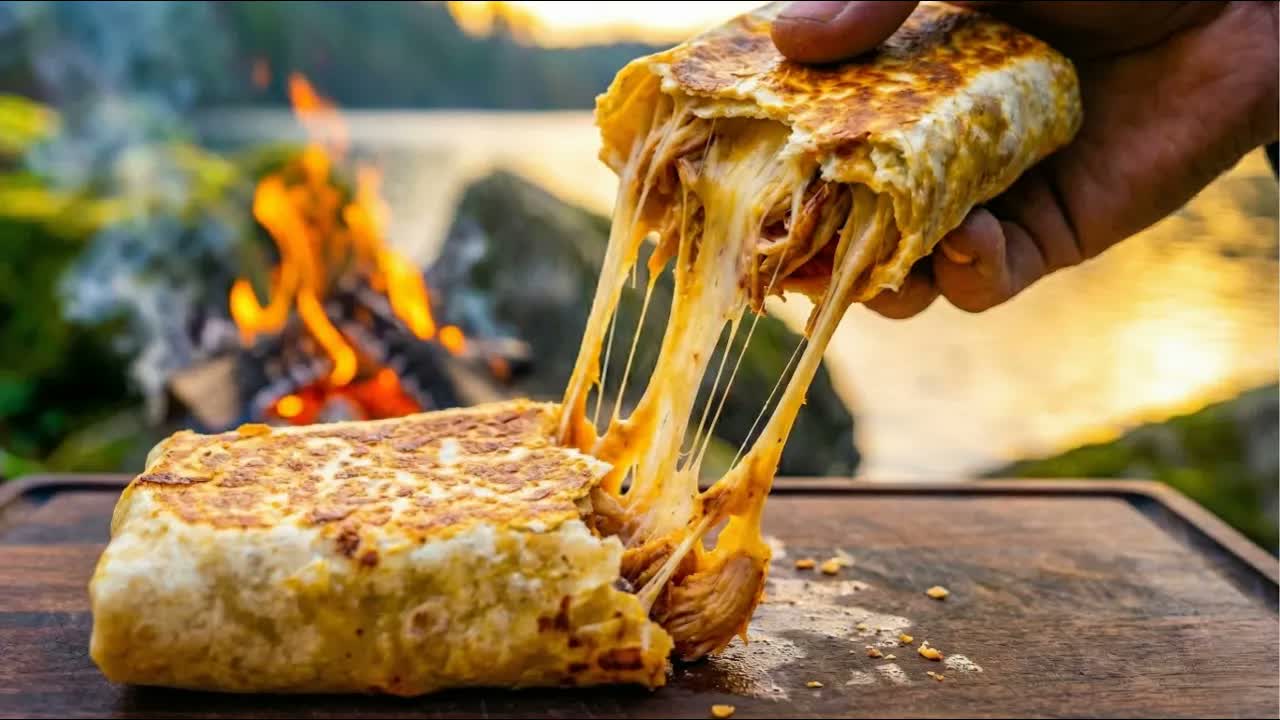 Watch how this crispy chicken and cheese wrap comes together over fire