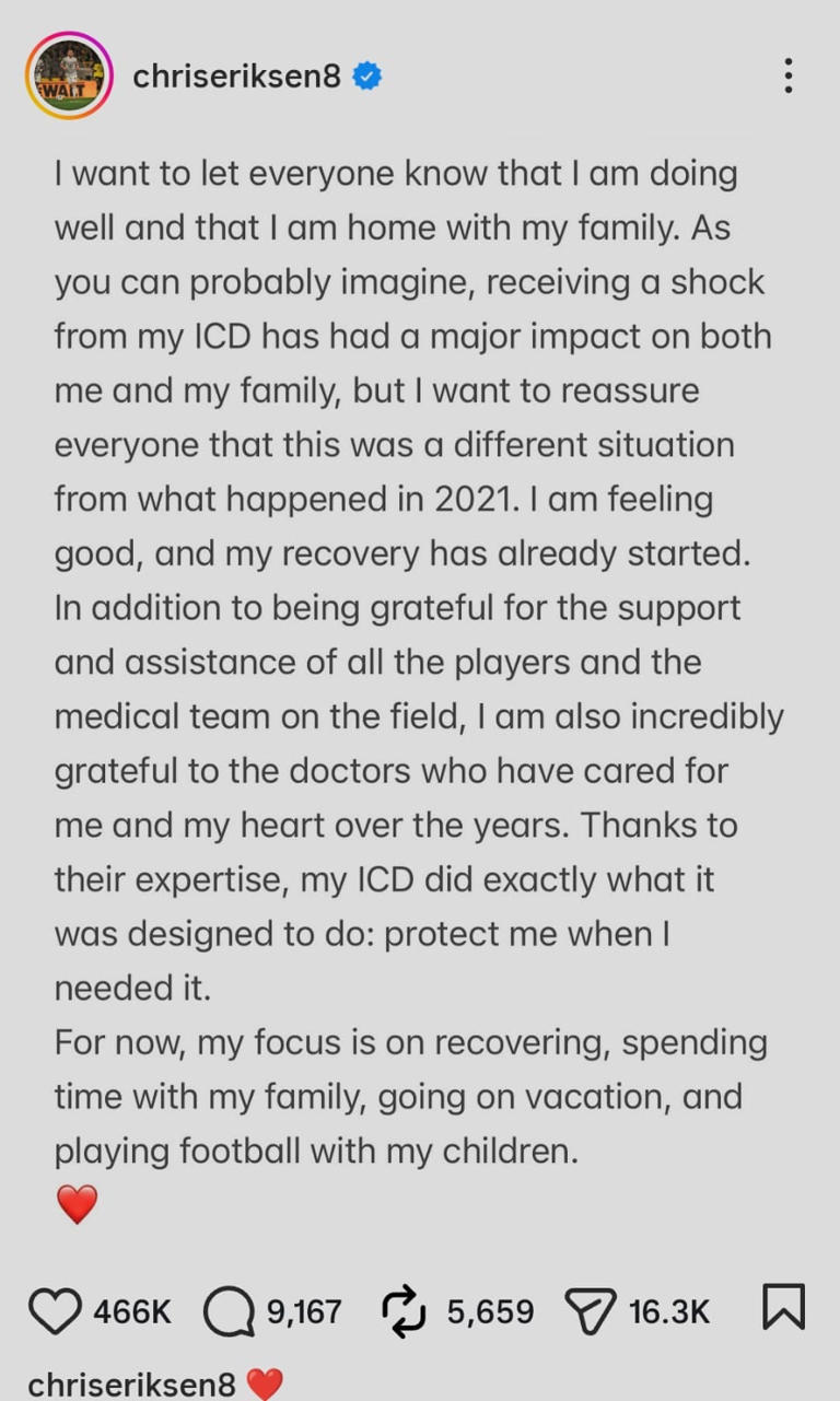 Christian Eriksen home and recovering after on-field collapse vs ...