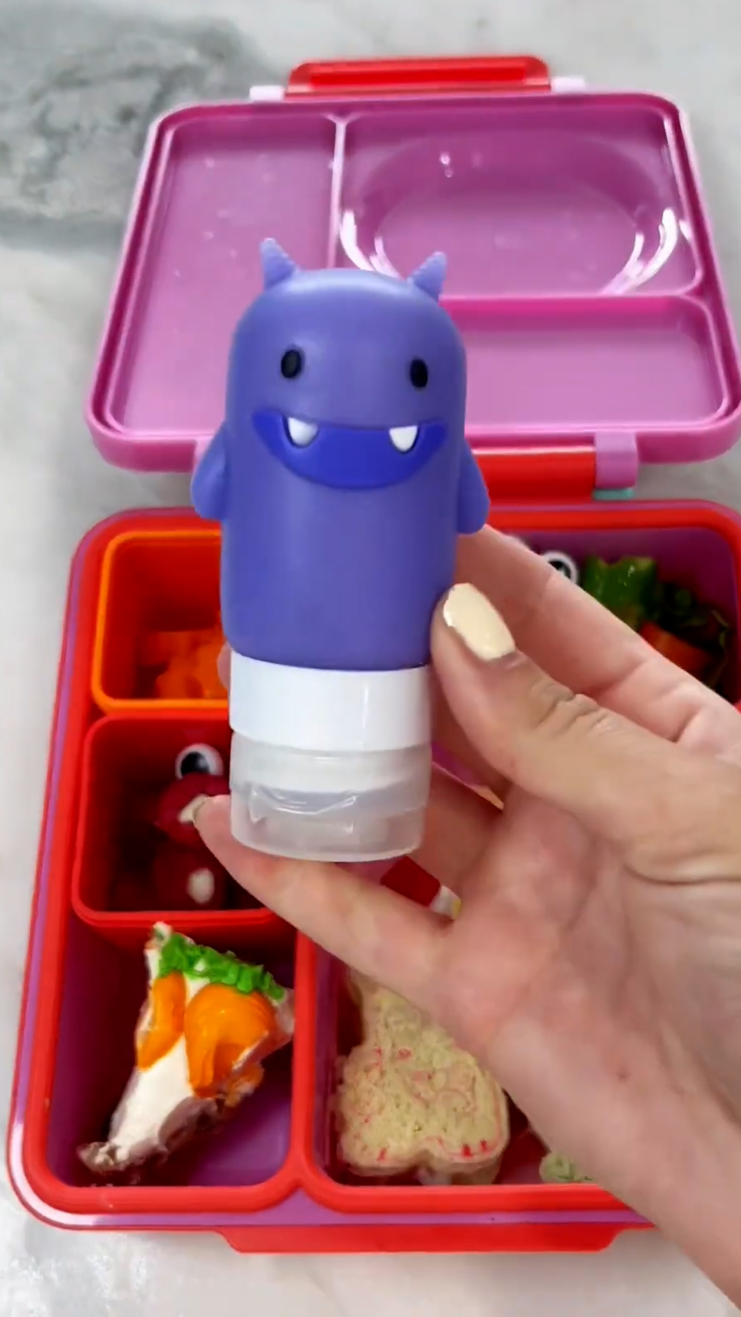 Colorful lunch with protein, vegetables and fruit perfect for school days