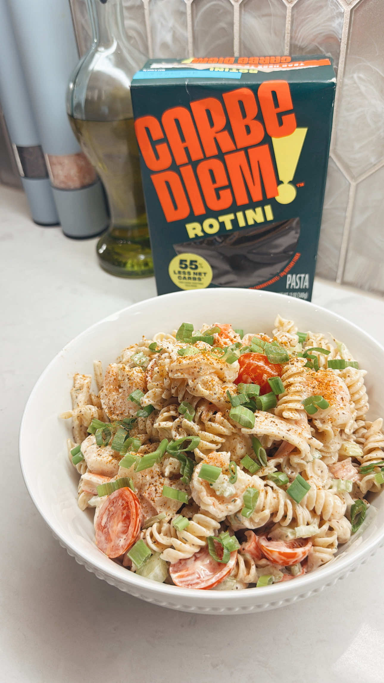 A super fresh low carb rotini pasta salad with shrimp and juicy ...