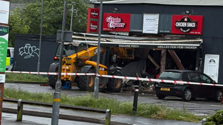 JCB driven into takeaway after being stolen from farm