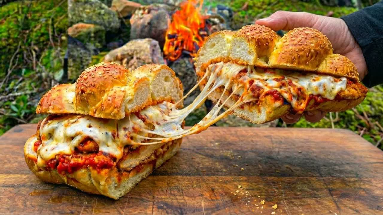 Watch how this chicken parm sandwich comes together in the forest