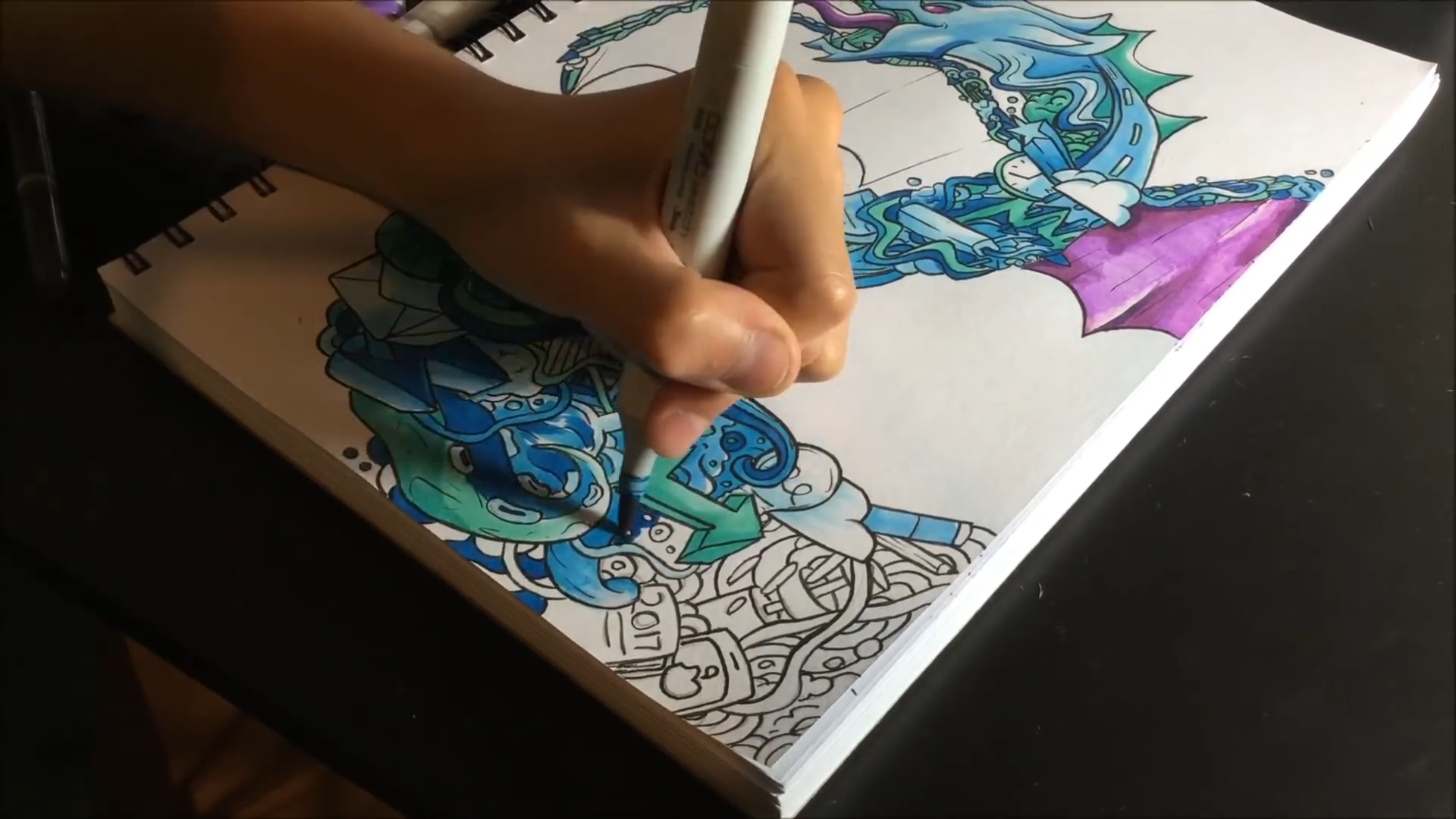 Vibrant colors breathe life into an intricate sketch