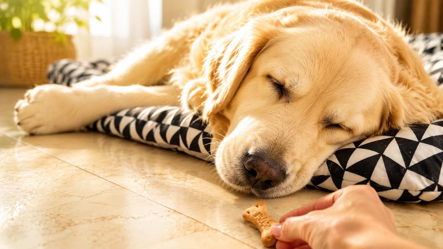 Golden retriever gets a treat wake-up call