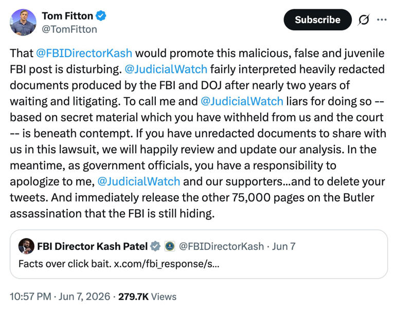 Judicial Watch's Tom Fitton feuding with FBI and Kash Patel over Butler ...