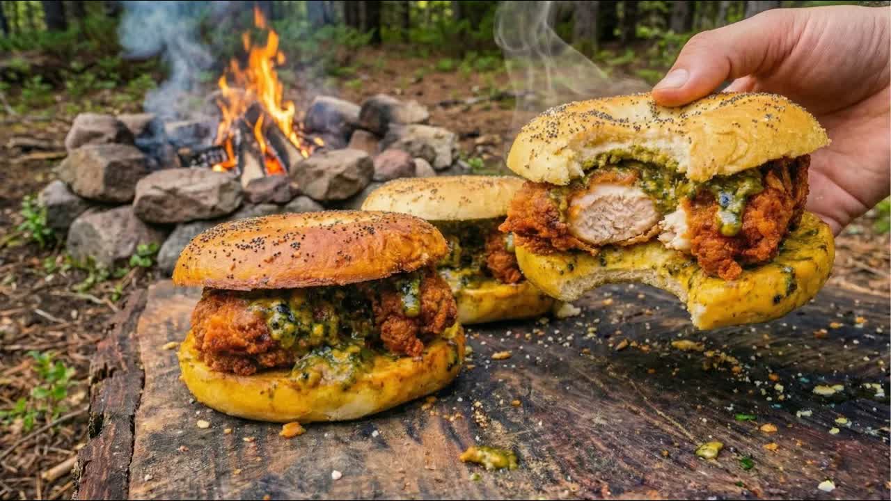 Watch how fried chicken bagels turn into a wilderness feast
