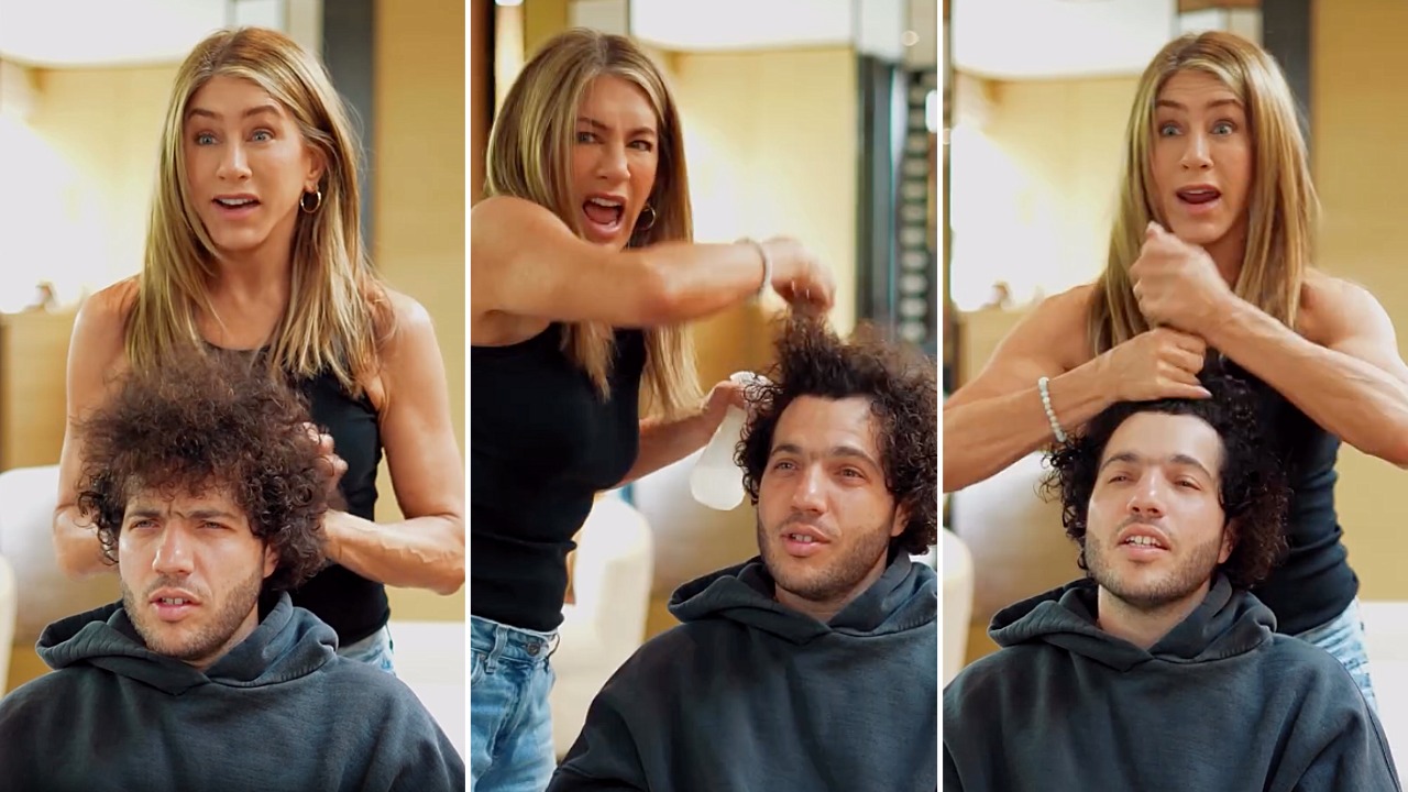 Jennifer Aniston tries her hand at Benny Blanco’s curly hair in ...