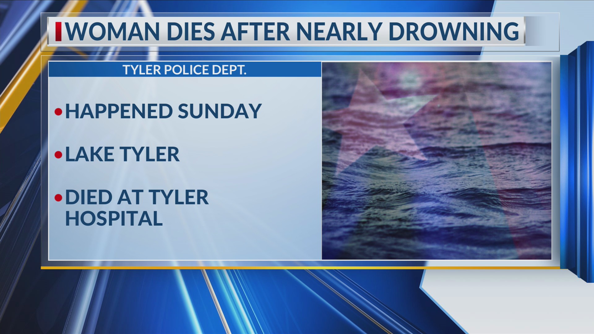 Woman dies after being hospitalized for nearly drowning at Lake Tyler