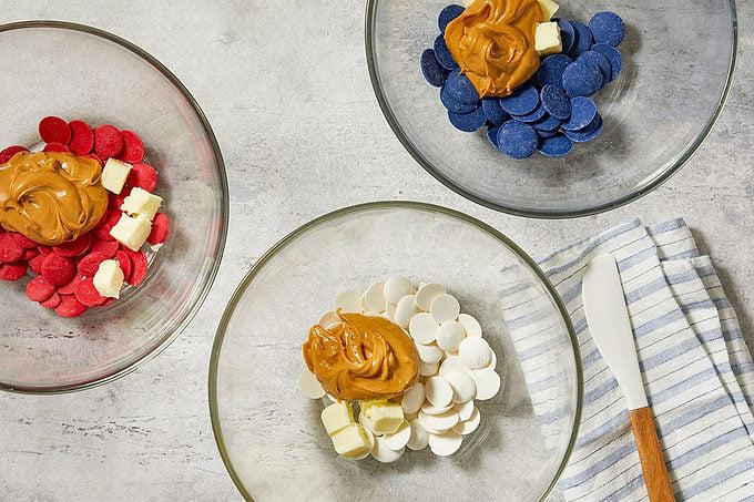 Red, white and blue puppy chow