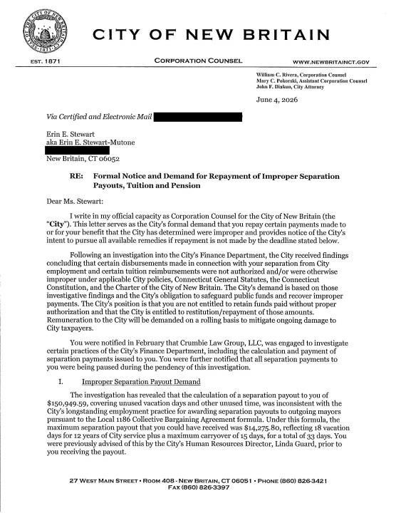 New Britain demands Erin Stewart repay city, shares details on alleged ...