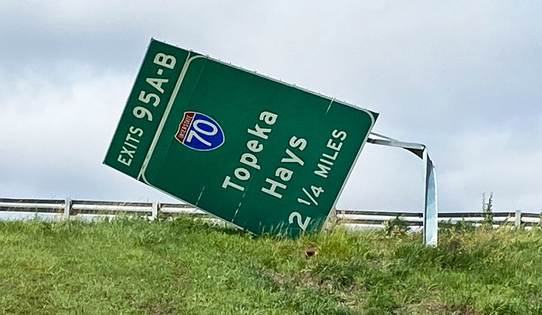 Strong winds knock down highway signs in north central Kansas