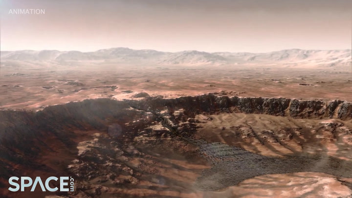 Artist animation of water flowing into ancient Mars Jezero Crater