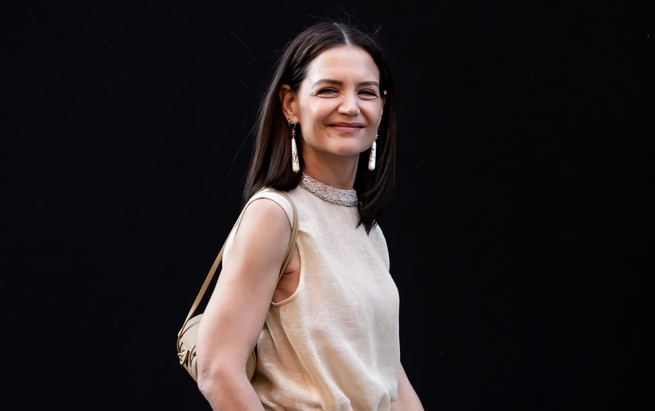 Katie Holmes swaps signature button-down for crystal-collared Chanel tank