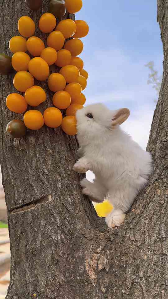 POV you spot a tiny rabbit that climbed a tree to steal the ripest ...