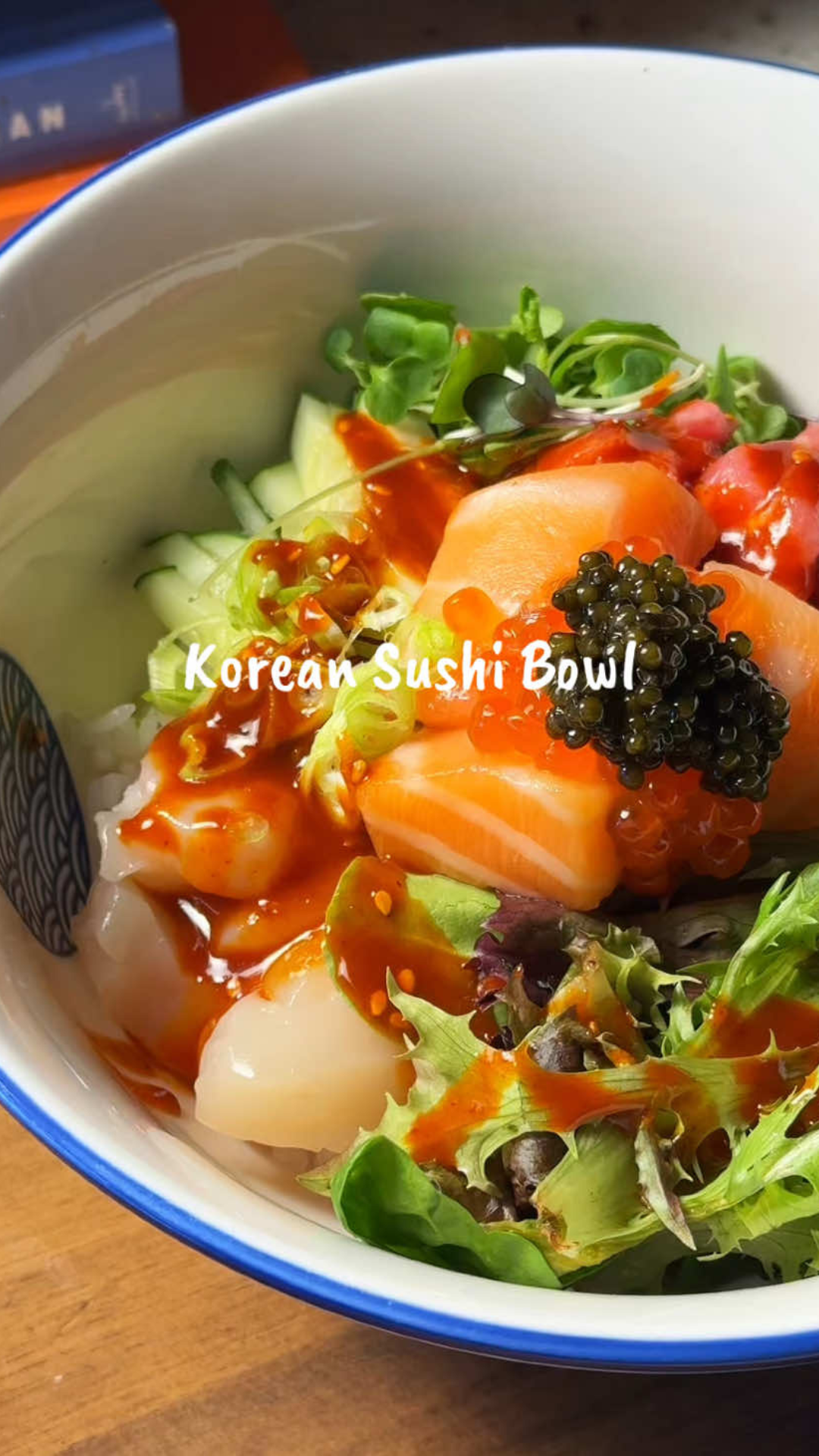 Korean sushi bowl with salmon, tuna, and scallops – quick lunch