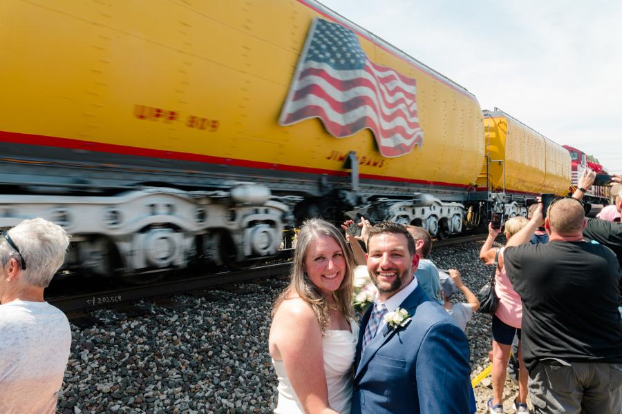 Beautiful occasion: Couple takes wedding photos in front of Big Boy train