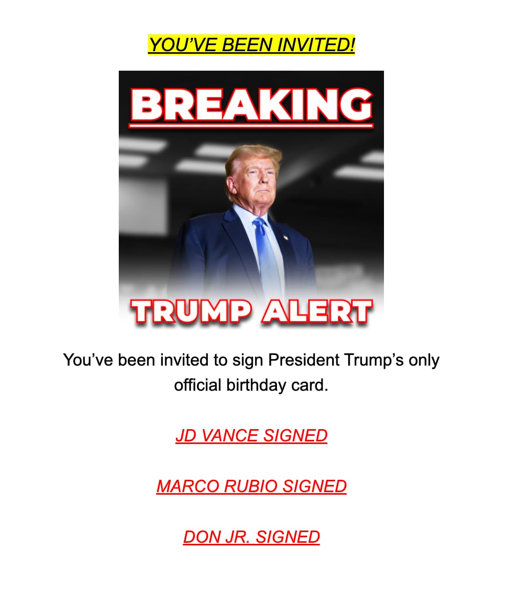 Donald Trump asks his supporters to sign his birthday card