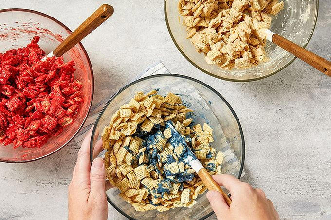 Red, white and blue puppy chow