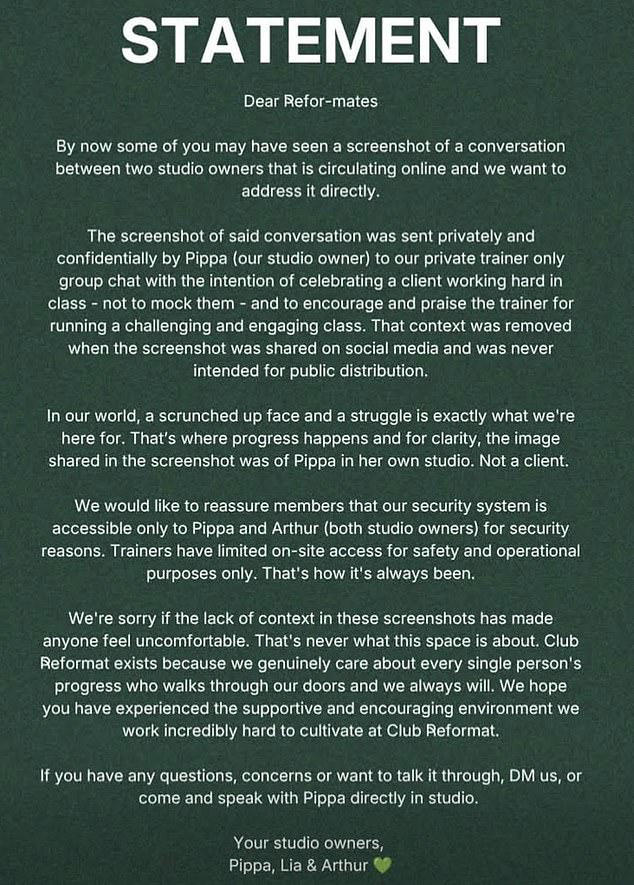 Owners of Pilates studio are accused of mocking a client in leaked text ...