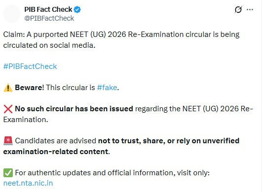 Fake NEET UG 2026 re-exam notice circulates online, PIB calls it false