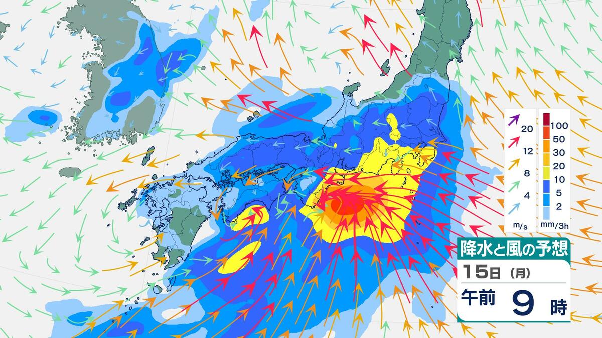 【警報級大雨のおそれ】14日(日)〜15日(月)頃太平洋側中心に 前線が本州南岸通過へ 雨風シミュレーション