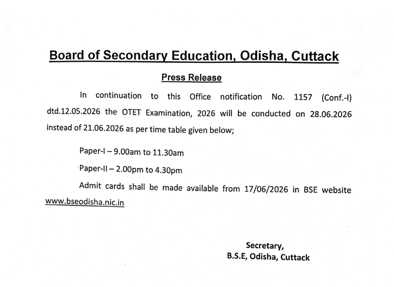 OTET 2026 exam rescheduled to June 28; BSE Odisha to issue admit card ...