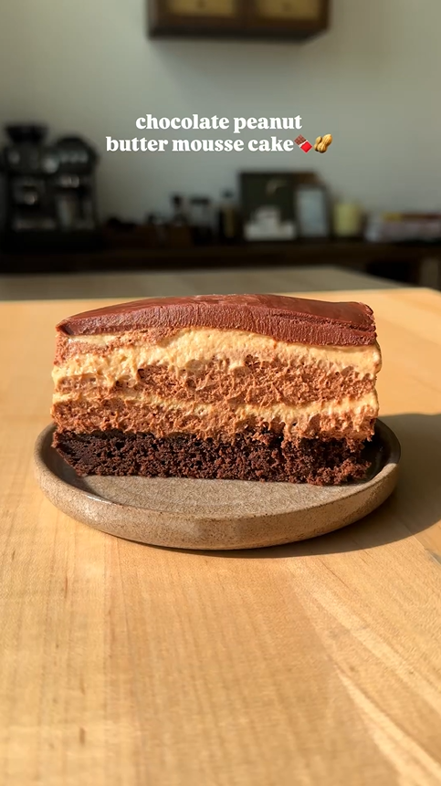 Chocolate peanut butter mousse cake with fluffy layers