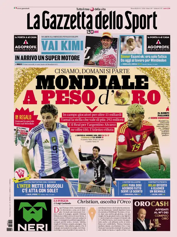 Le prime pagine dei quotidiani sportivi – 10 giugno 2026
