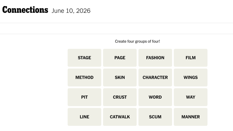 Get today's NYT Connections puzzle hints and answers for June 10, 2026