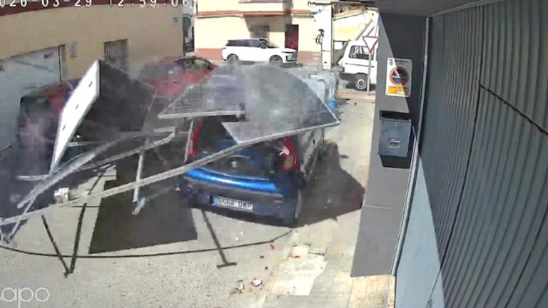 Massive solar panel crashes onto parked car in Spain