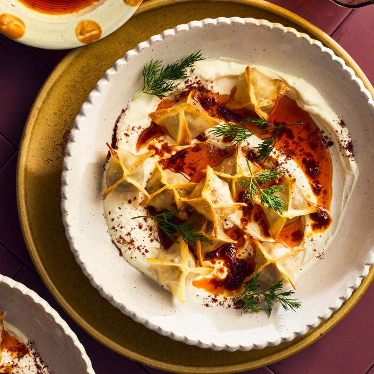 Baked beef manti with garlic yoghurt and spiced honey butter