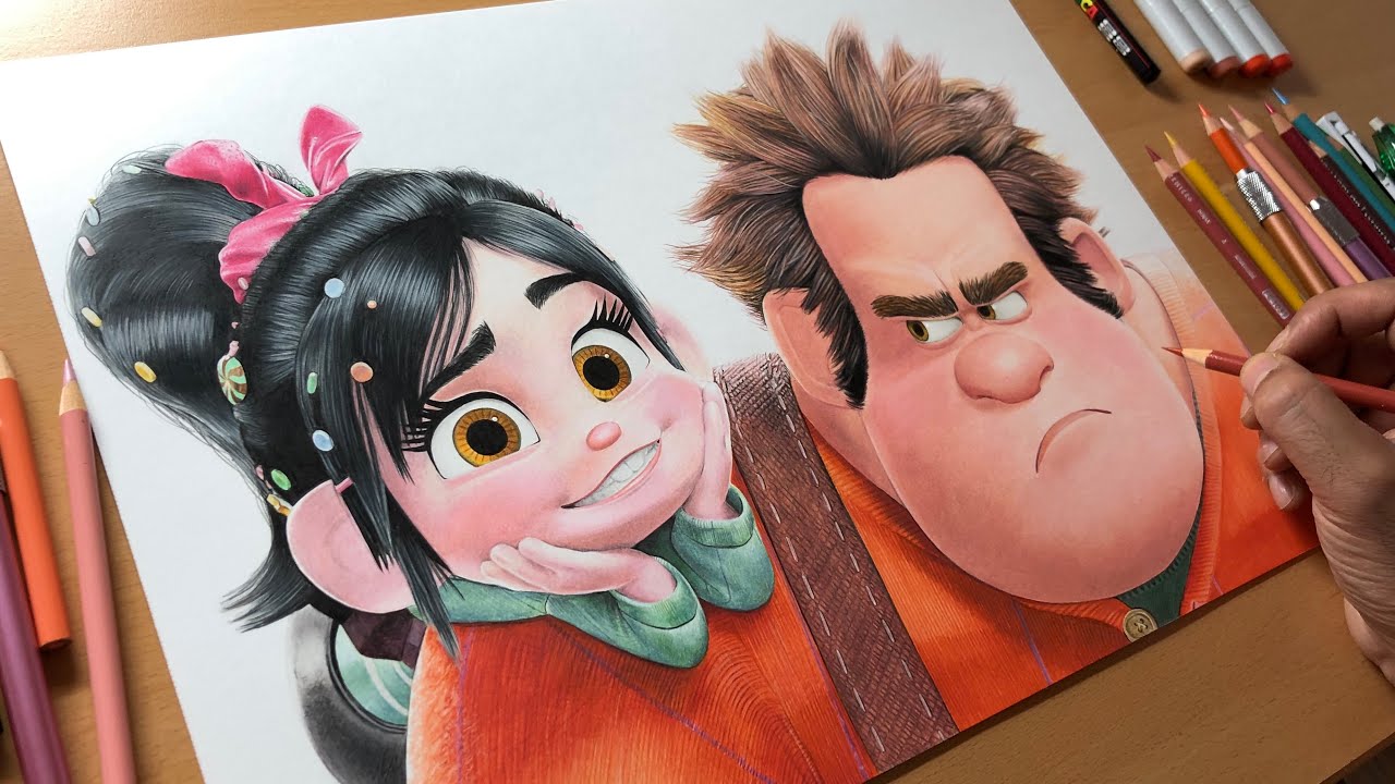 Coloured pencil drawing Ralph and Vanellope Wreck-It Ralph timelapse