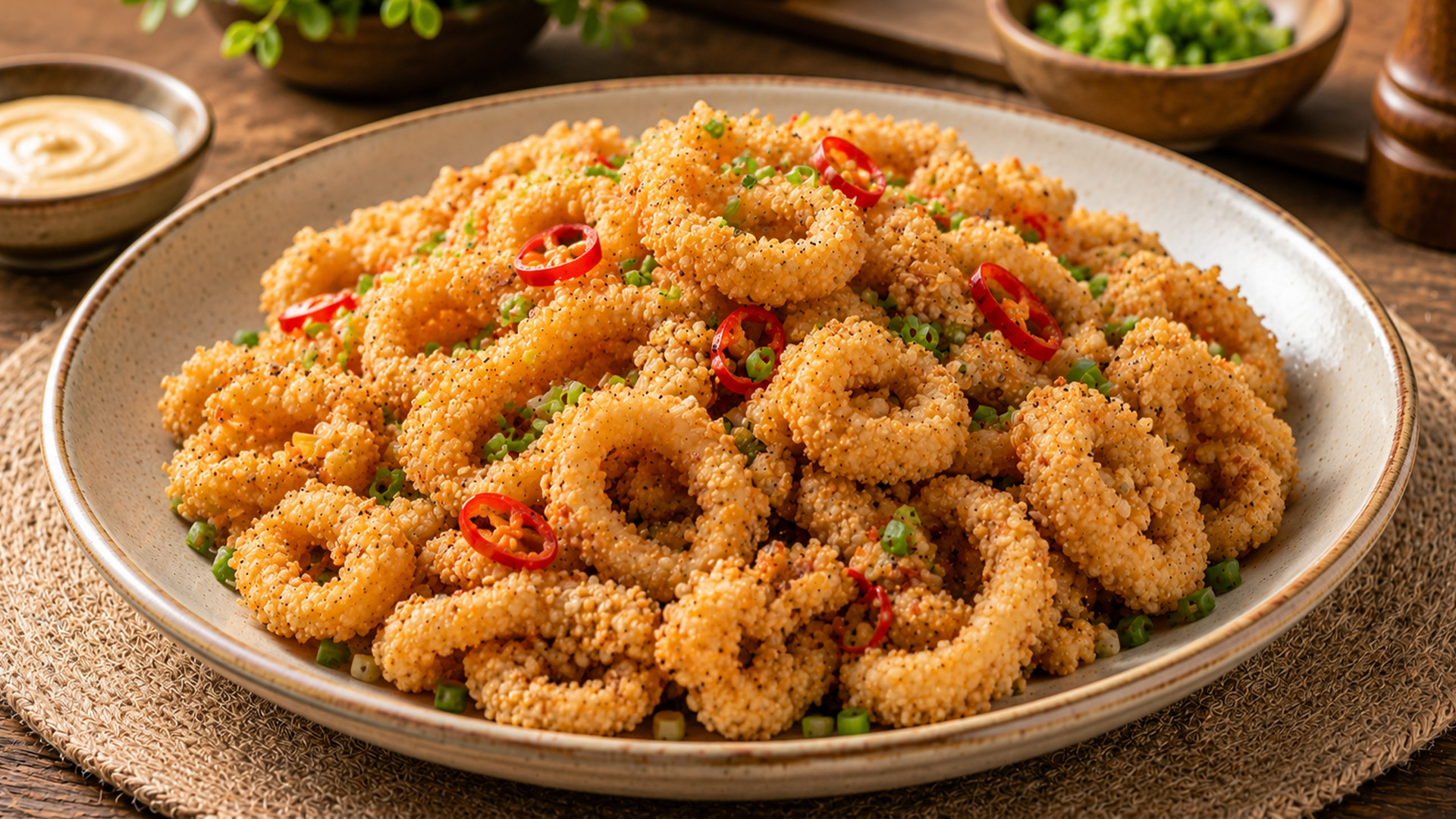 Golden fried calamari with bold garlic flavor
