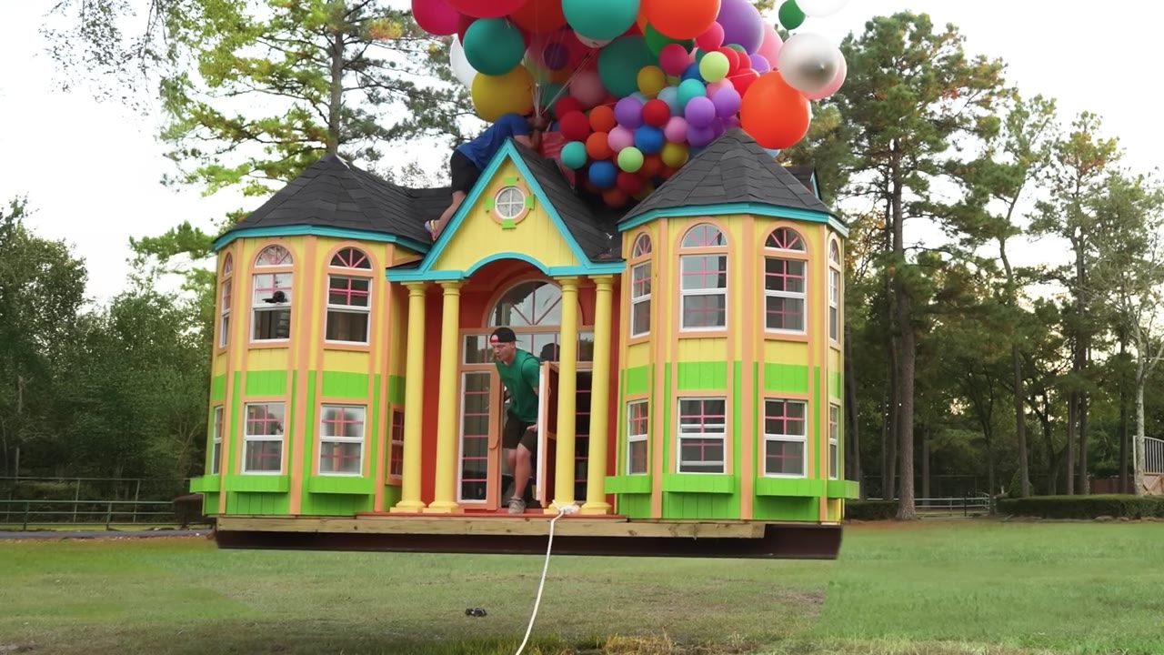 The astonishing moment a house takes flight with balloons
