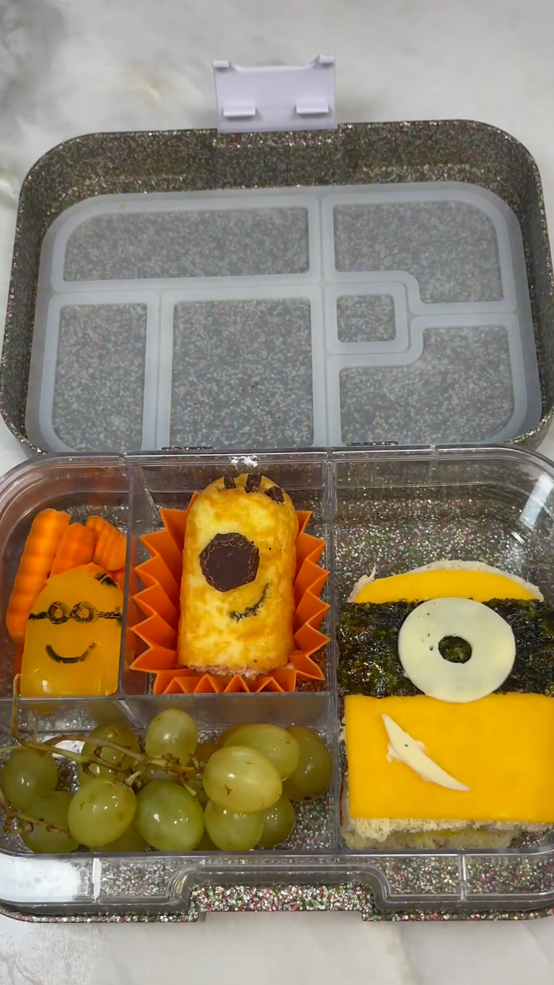 Minions themed school lunch packed with creative matching touches