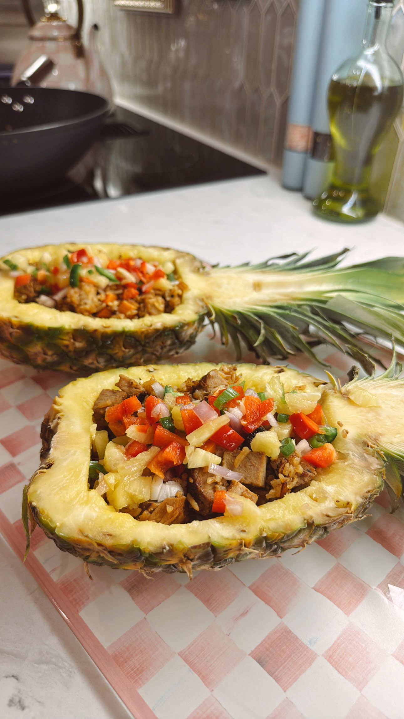Easy tropical pineapple fried rice with pork, peppers, and onions in ...