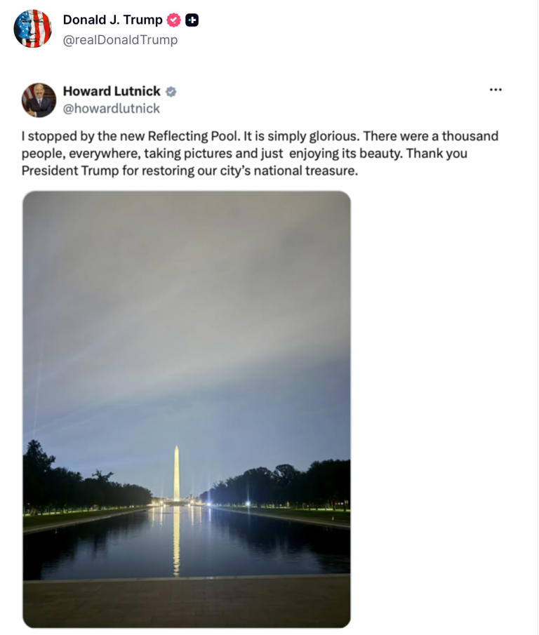 Trump shares post praising reflecting pool as photo appears empty