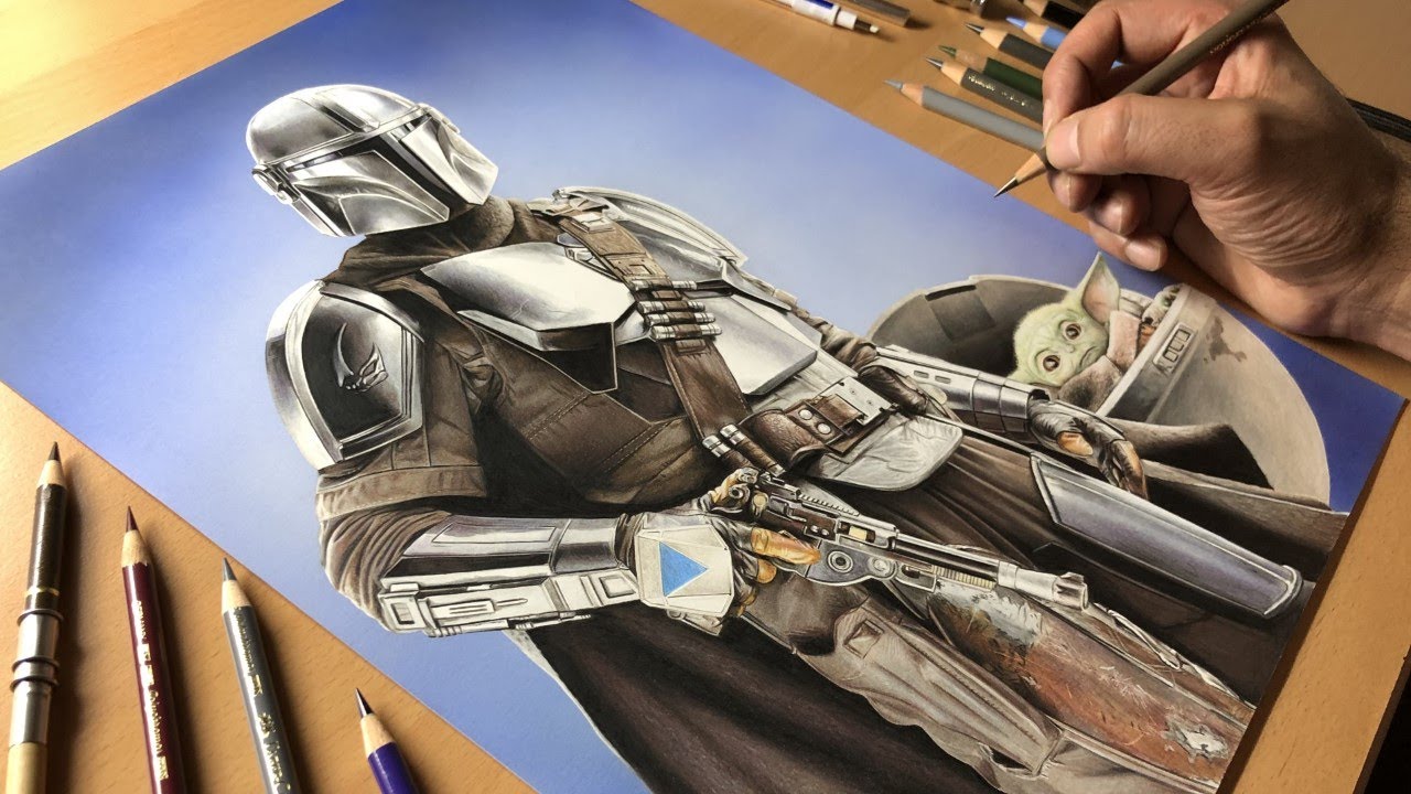 Drawing the Mandalorian and Grogu stunning Star Wars timelapse artwork