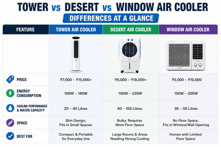 Tower air cooler vs desert air cooler vs window air cooler: From energy ...