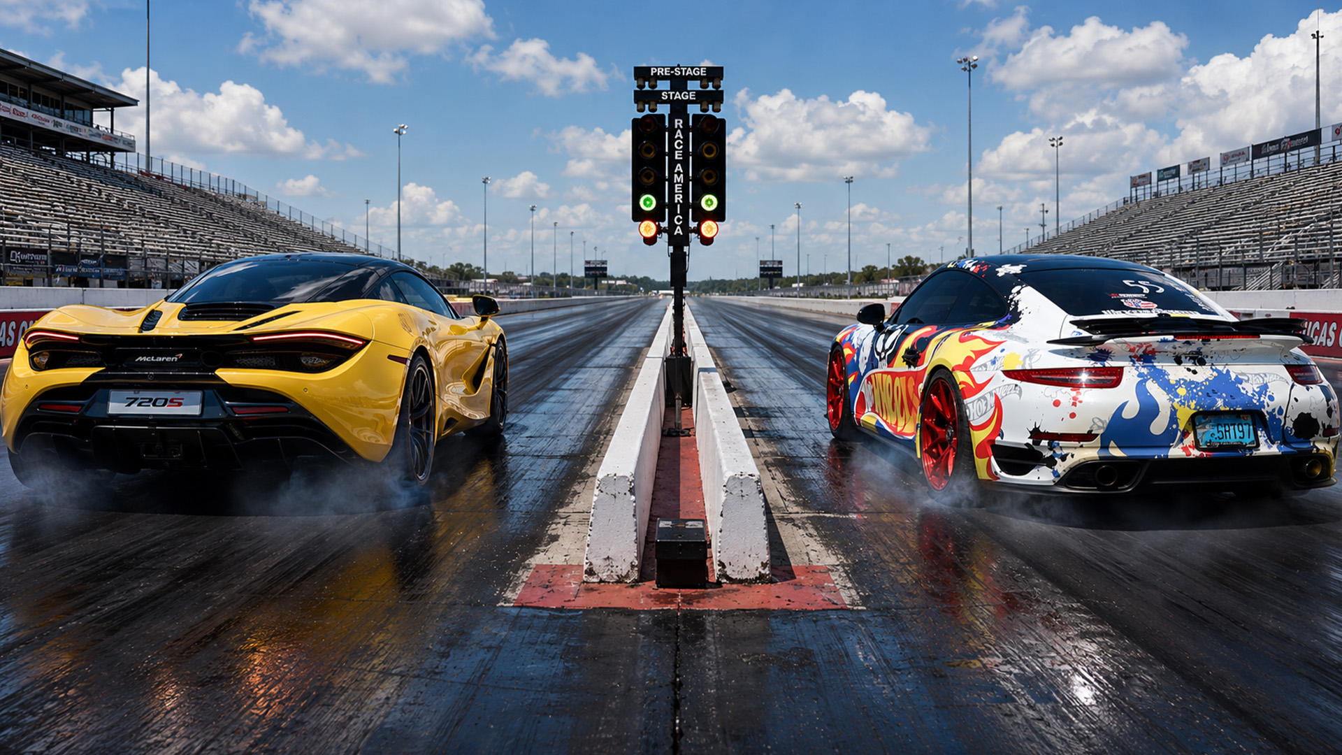 Modified Porsche 911 Turbo and McLaren 720S drag race
