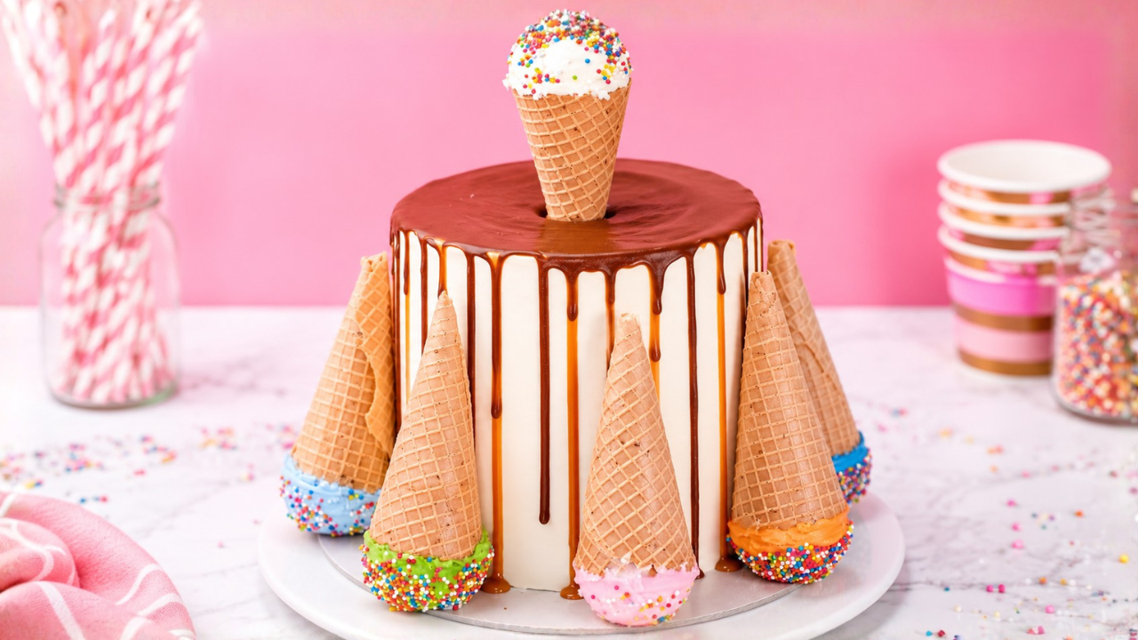 Ice cream cone drip cake decoration