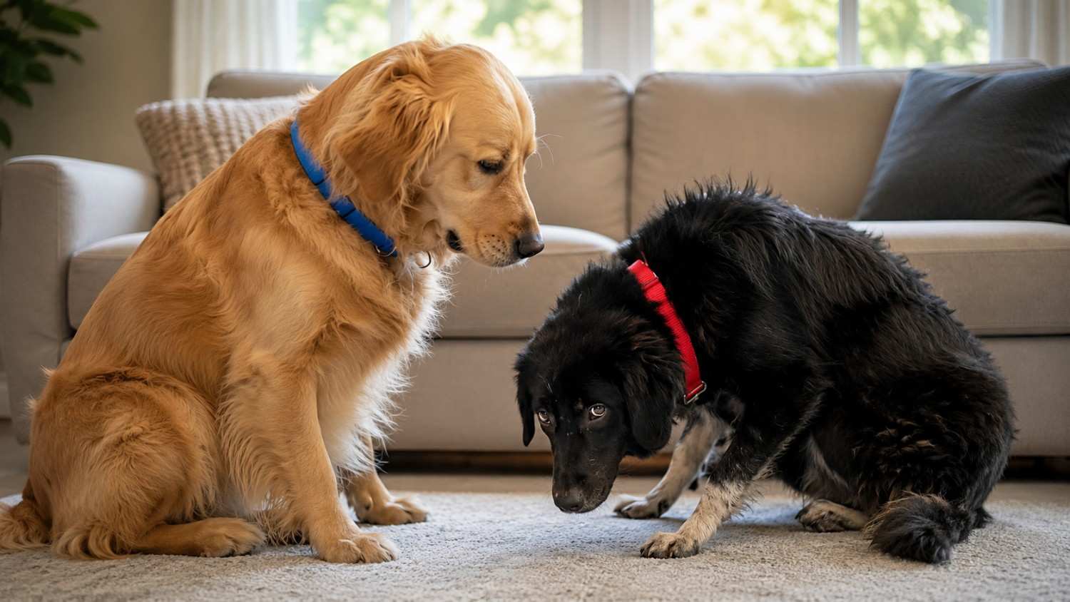 Golden retriever meets a rescue dog learning to trust