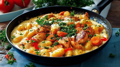 Hähnchen, Gnocchi, Paprika und eine cremige Soße für einen leckeren ...