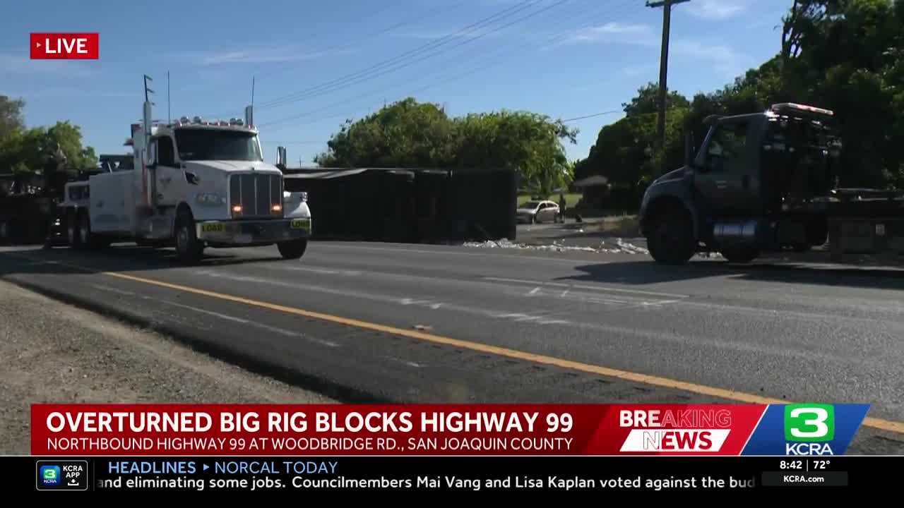 Big rig overturns, spills water bottles on Highway 99 near Lodi