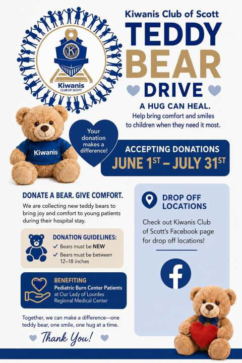 Teddy bear drive aids pediatric burn unit; hosted by Kiwanis Club of Scott